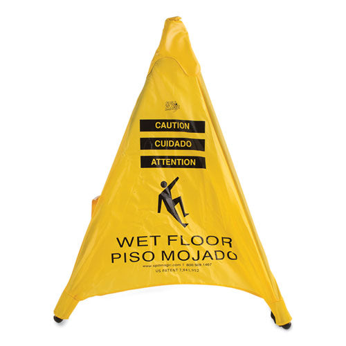 Safety cone with trilingual language and wet floor symbol on all three ...